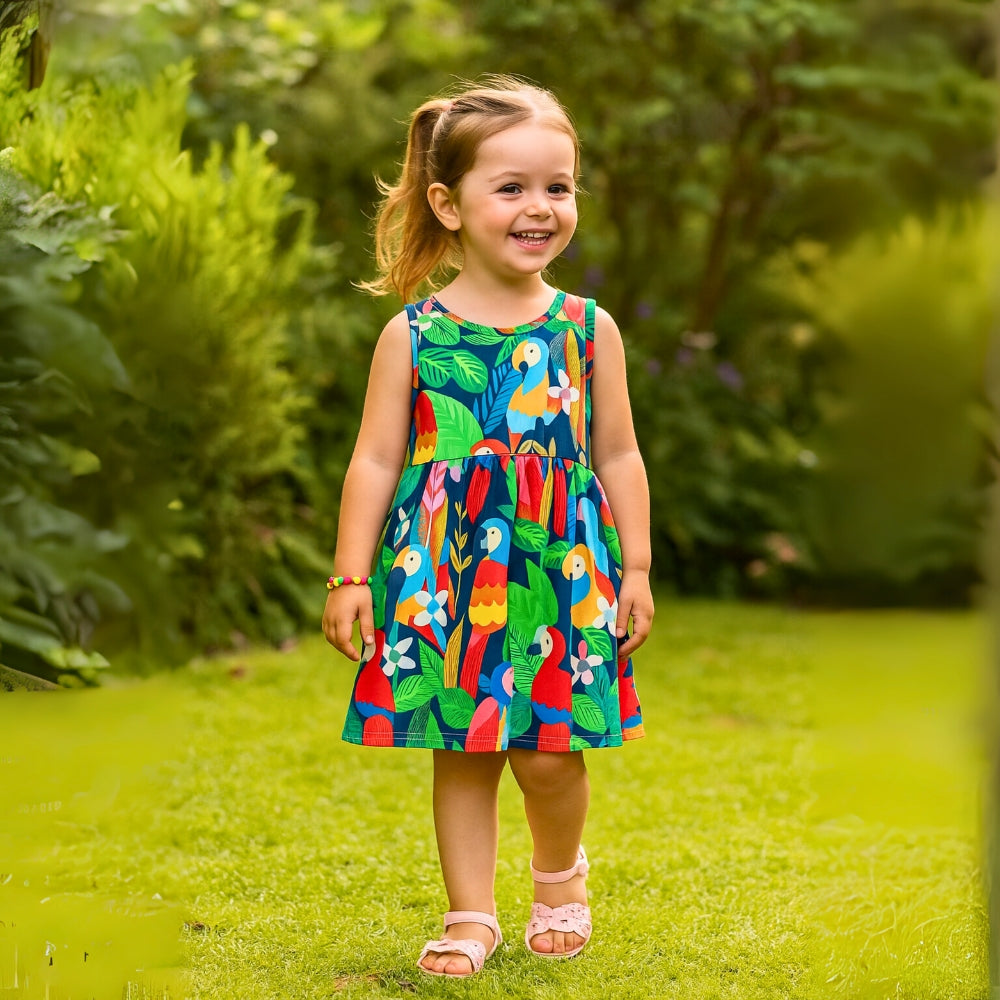 Girls Summer Dress | 100% Cotton Tropical Parrot Print with Colorful ...