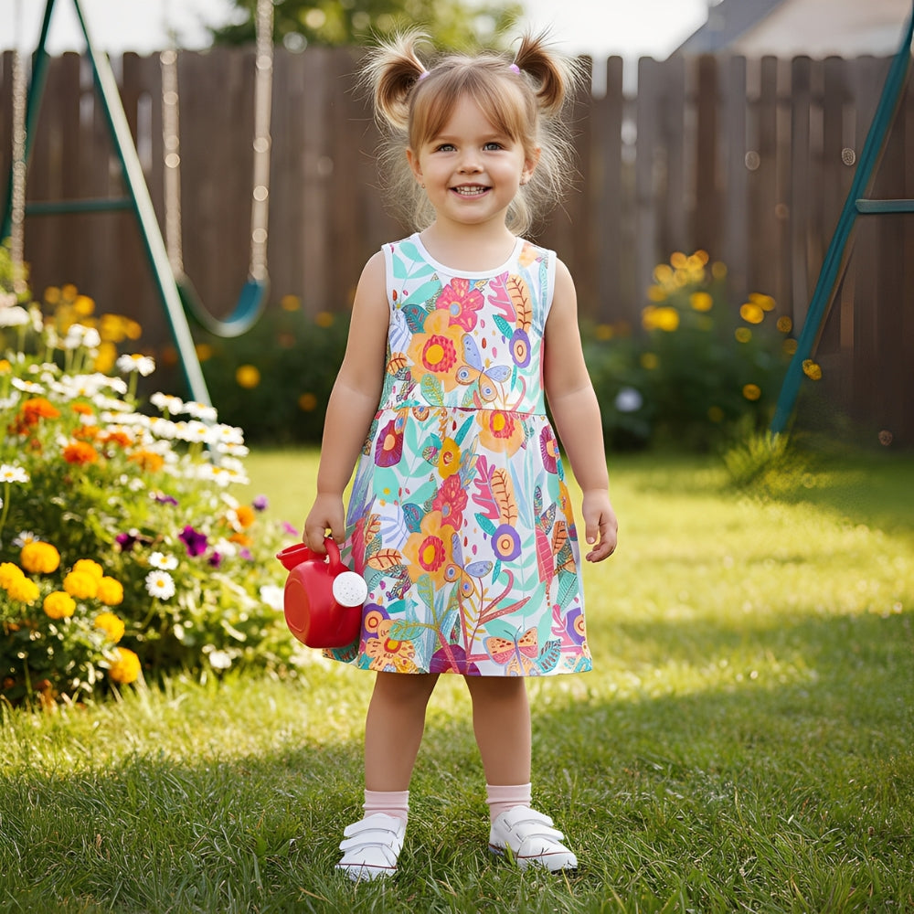 Girls Dress | 100% Cotton Summer Butterfly & Floral Garden Print Dress ...