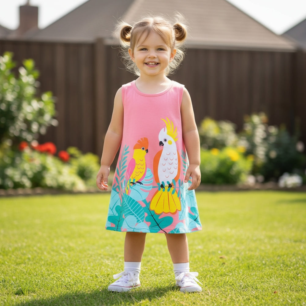 Girls Dress | 100% Cotton Summer Cockatoo Jungle Print in Pink Dress ...