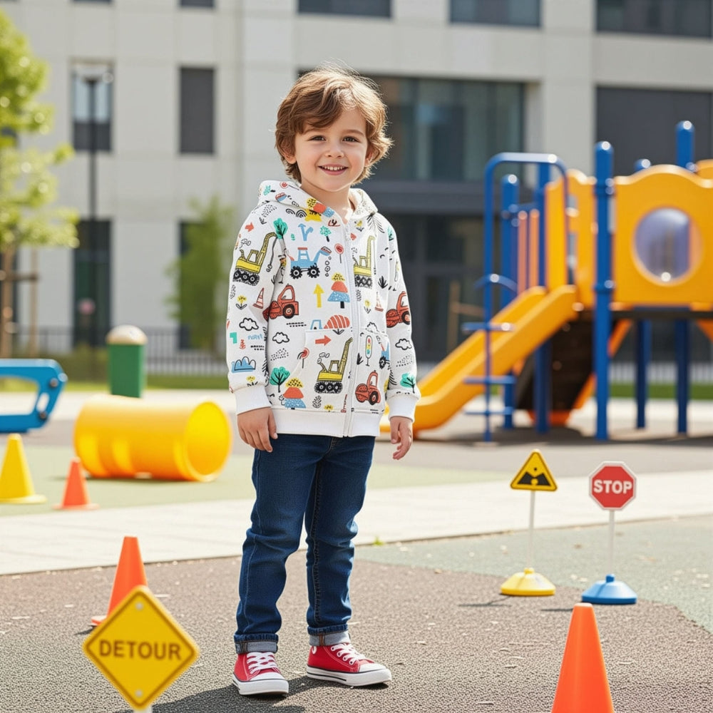 Boys Jacket | 100% Cotton Construction Truck Print Jacket with Zipper ...