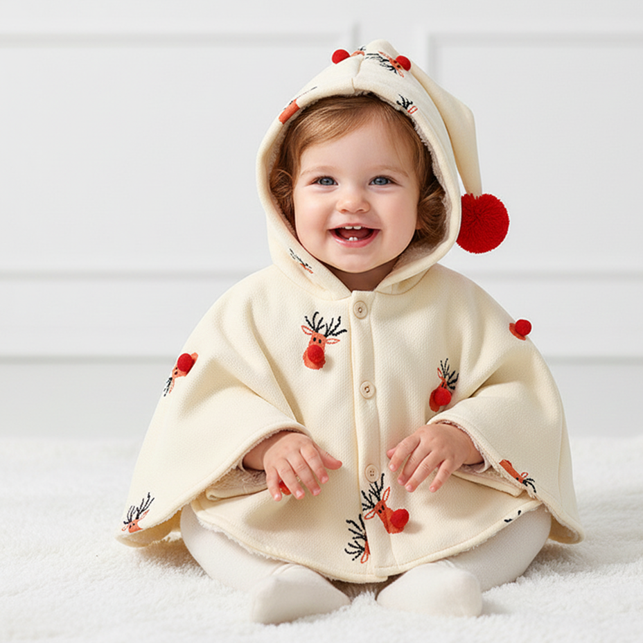 Baby Cape | Cotton Reindeer Embroidered Hooded Cape | Sizes 6M-4Y ...