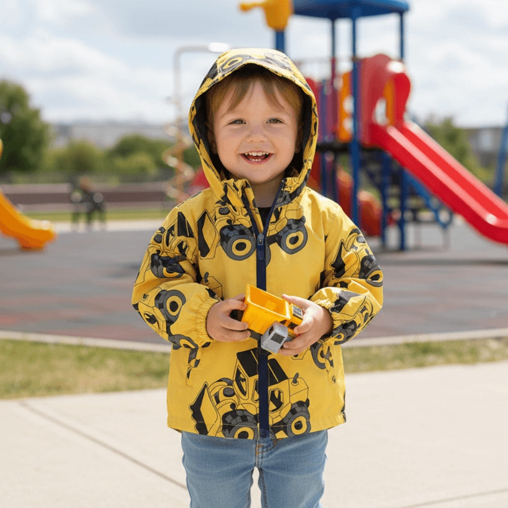 Boys Puffer Jacket | Cotton Zip-Up Construction Truck Print Jacket with ...